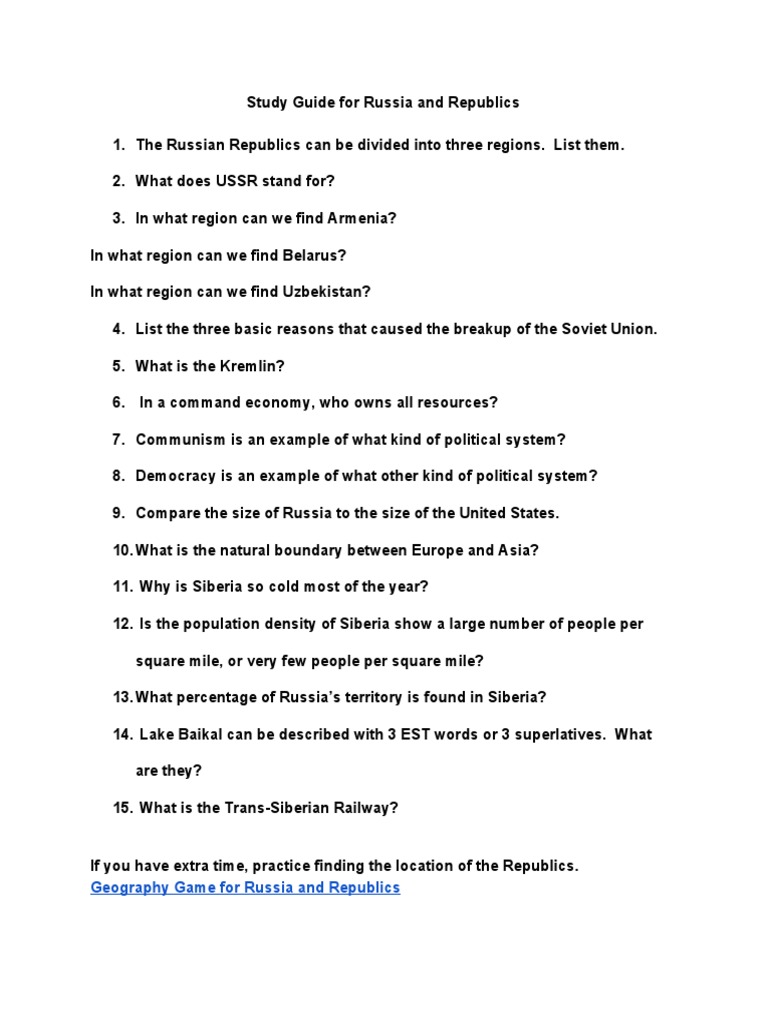 Russia and Republics Study Guide | PDF