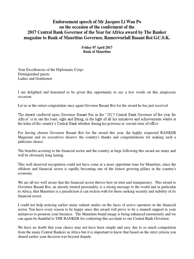 Speech of MR Jacques Li Wan Po | PDF | Banks | Social Institutions