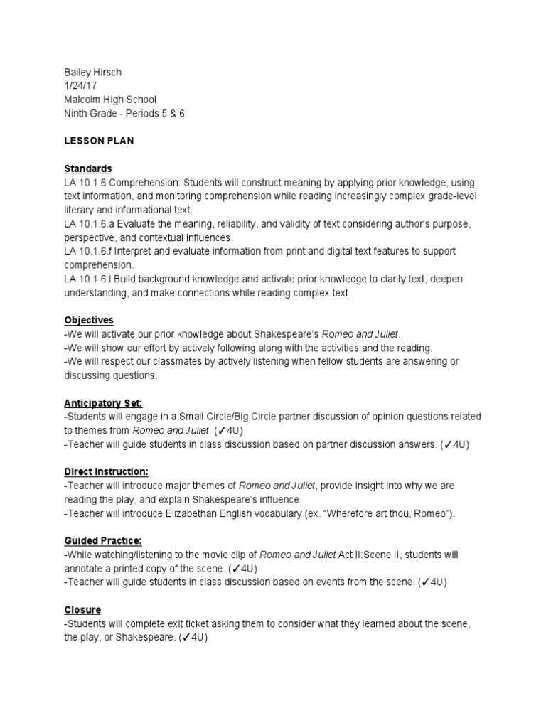 Romeo and Juliet Lesson Plan | PDF