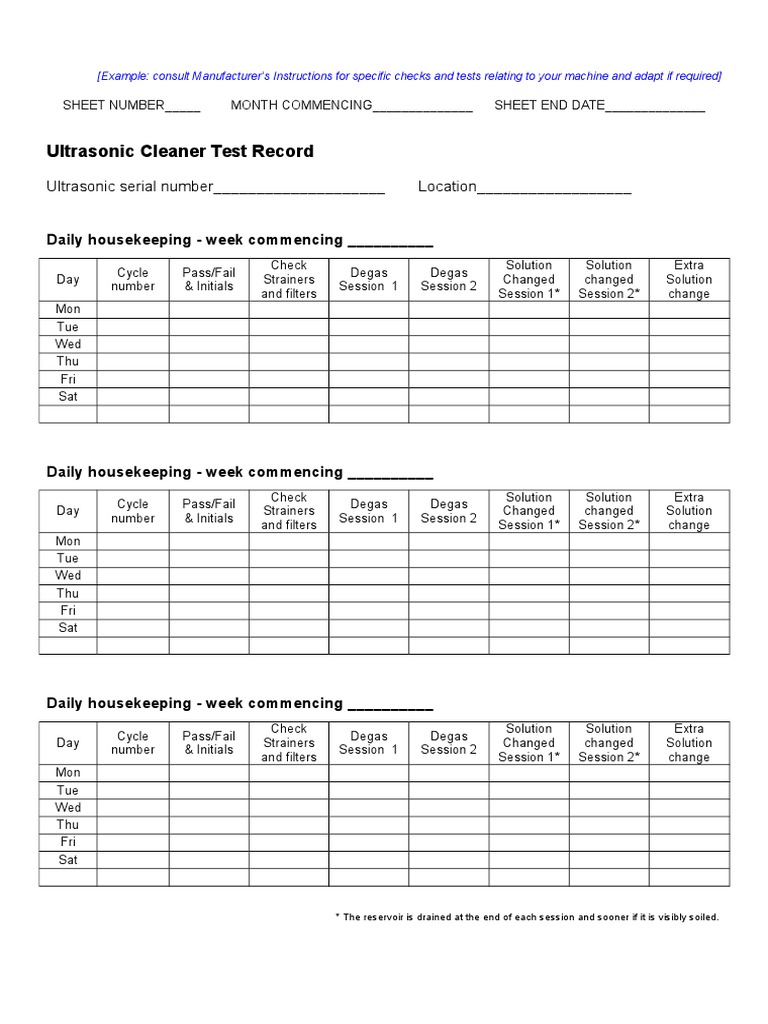 Ultrasonic Cleaner Test Record: Ultrasonic Serial Number - Location ...
