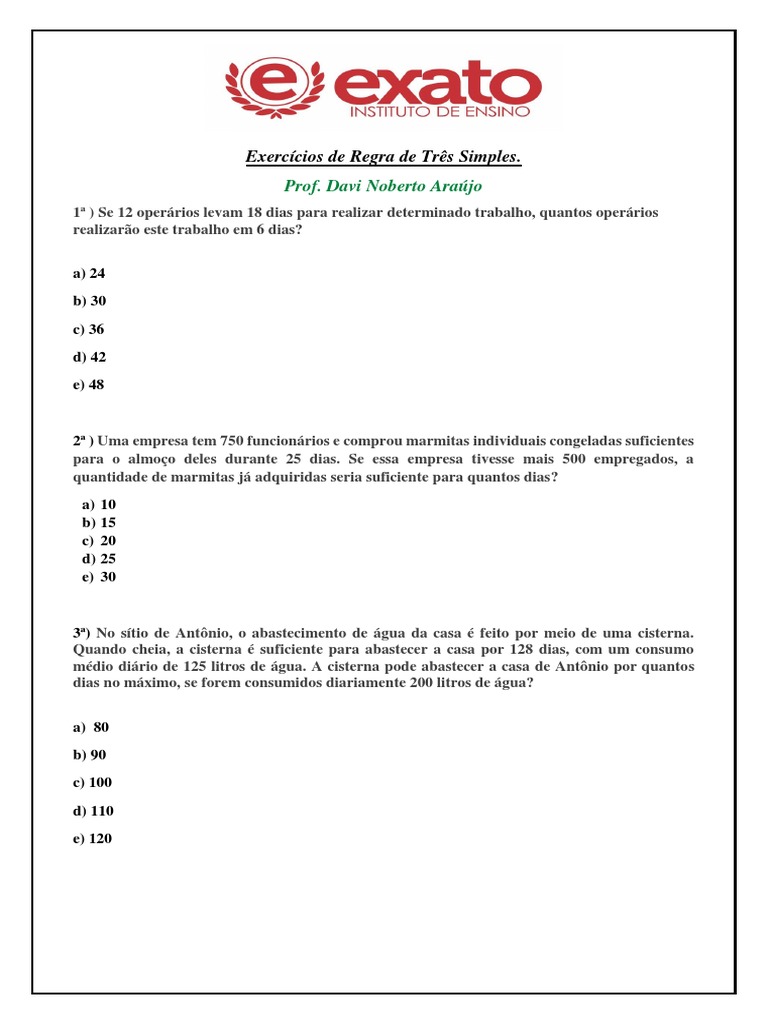 Exercícios de Regra de Três Simples PDF | PDF | Cana de açúcar | Petróleo