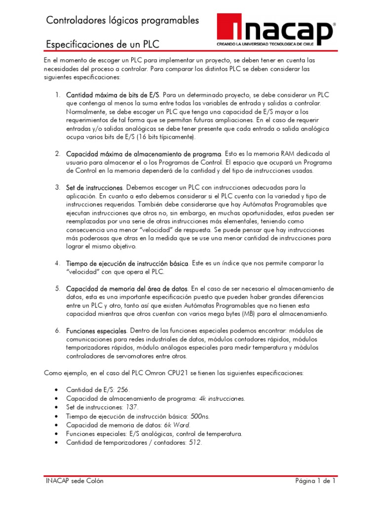 Especificaciones de Un PLC | PDF | Controlador lógico programable | Programa de computadora