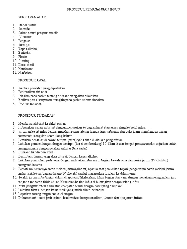 Prosedur Pemasangan Infus dan Obat | PDF