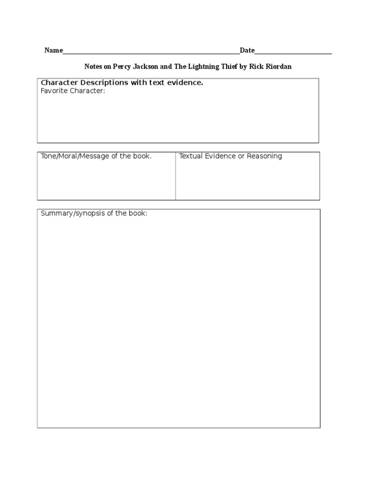 Name - Date - Notes On Percy Jackson and The Lightning Thief by Rick ...