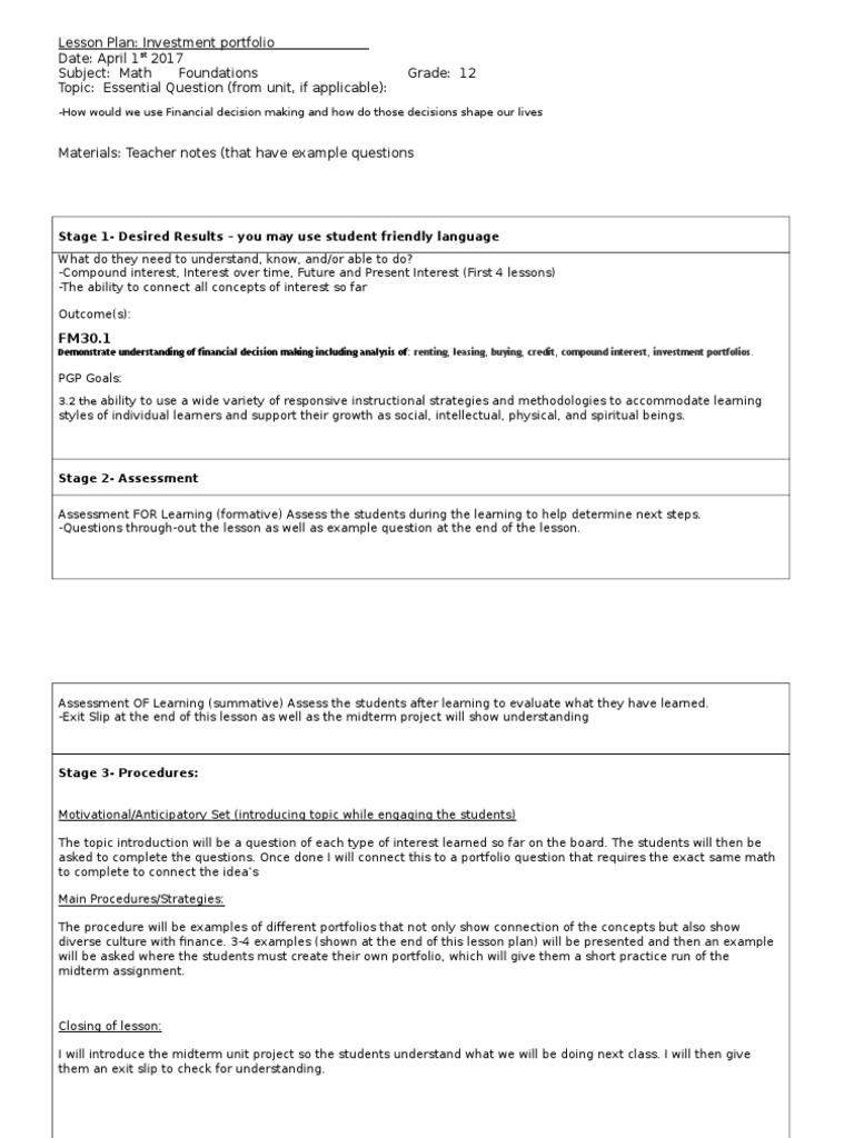 Lesson Plan: Investment Portfolio Date: April 1 2017 Subject: Math ...