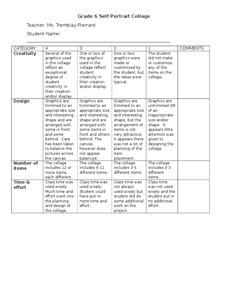grade 6 self portrait collage rubric | Graphics | Art Media