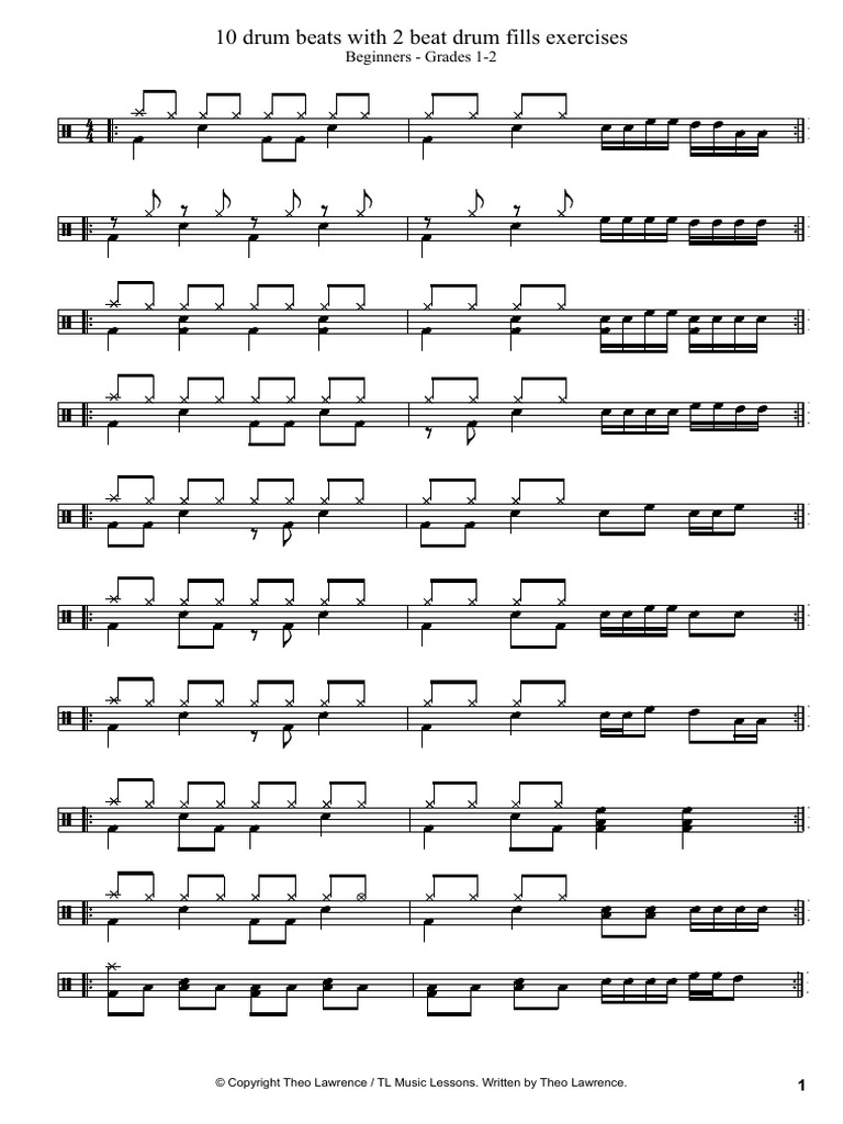 10 Drum Beats 2 Beat Drum Fills Exercises Grade 1 2 | PDF | Patent ...