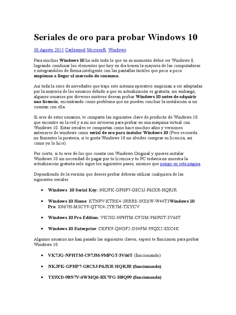 Seriales de Oro para Probar Windows 10 | PDF | Windows 10 | Microsoft Windows