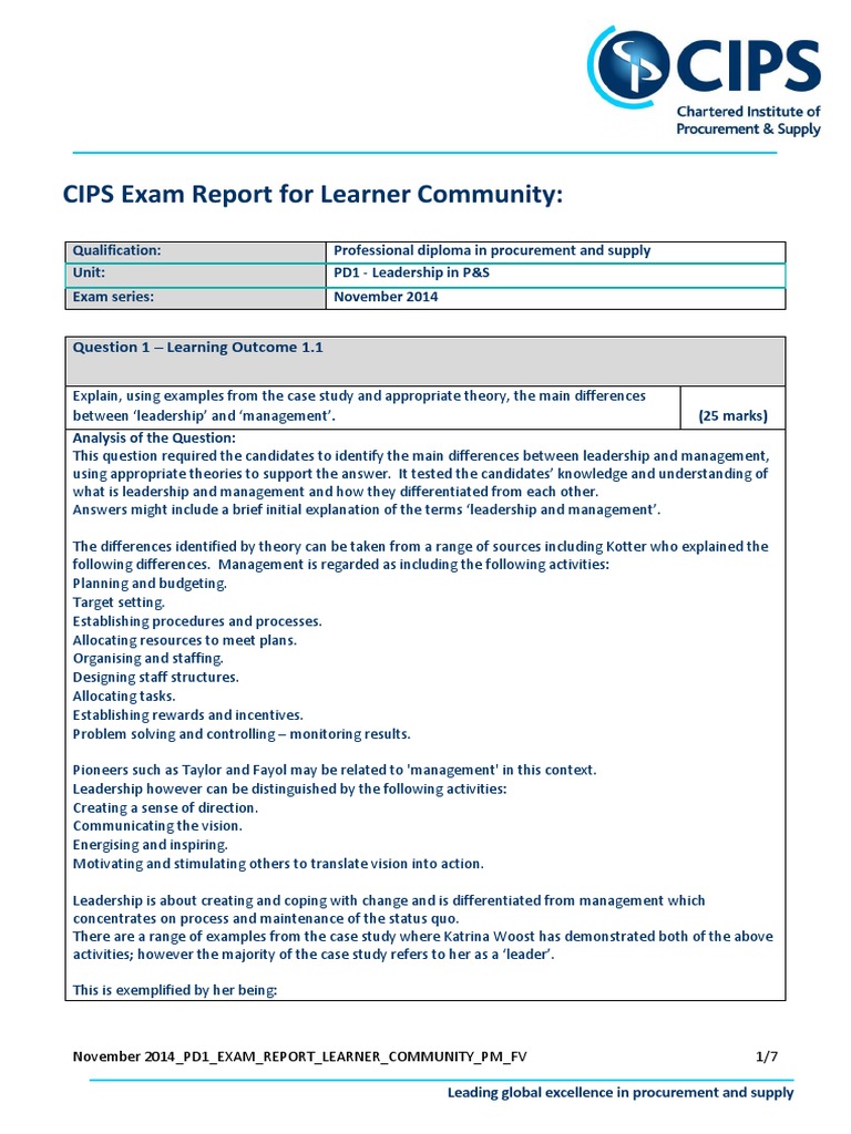 CIPS Exam Report For Learner Community:: Question 1 - Learning Outcome ...
