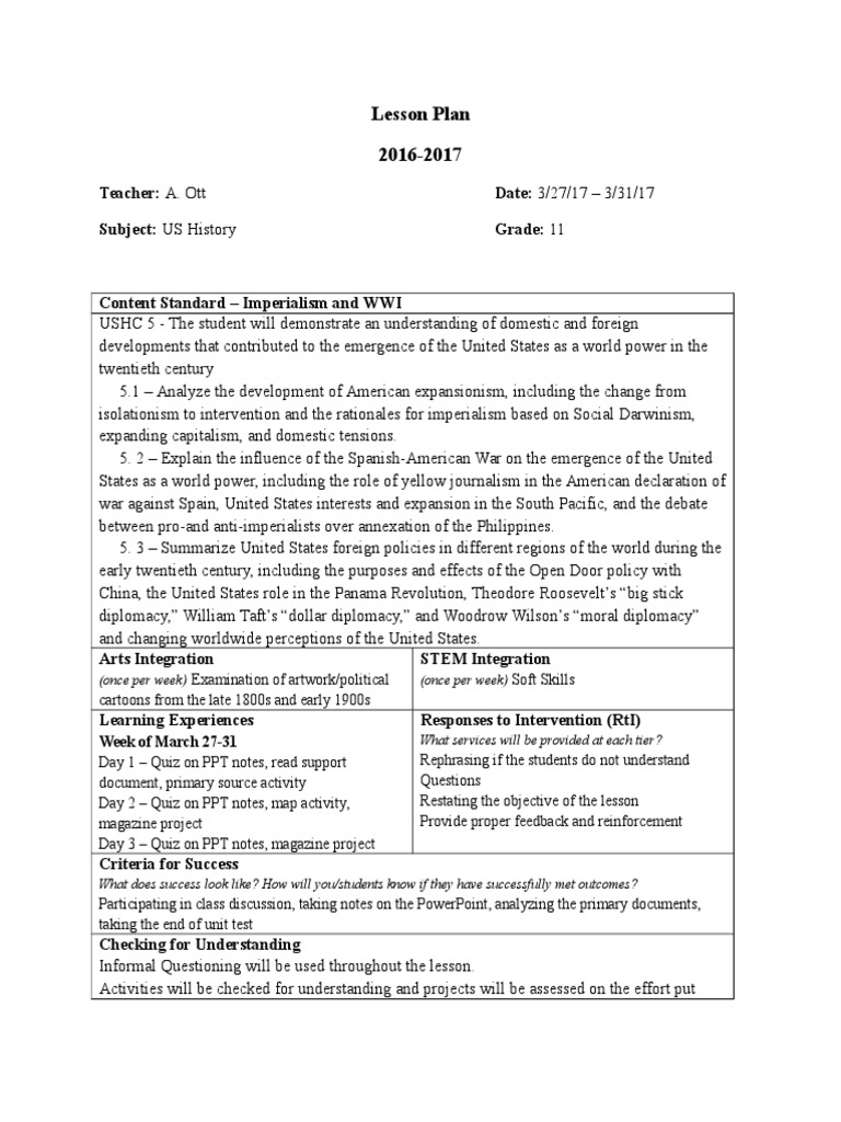 Us History Lesson Plan Imperialism | PDF | Imperialism | Quiz