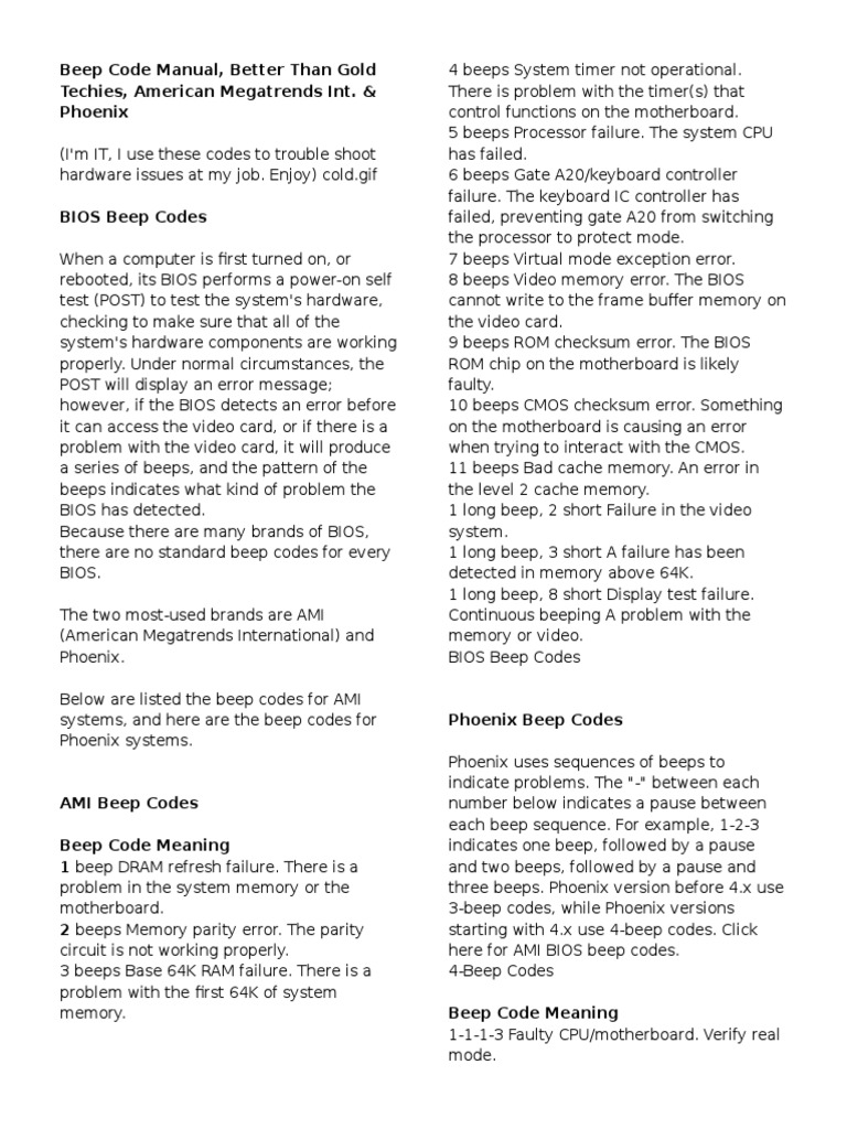 Beep Code Manual | Download Free PDF | Bios | X86 Architecture