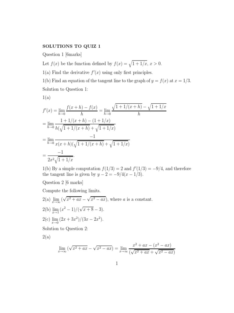 Sample Quiz 1 | Download Free PDF | Tangent | Mathematical Analysis