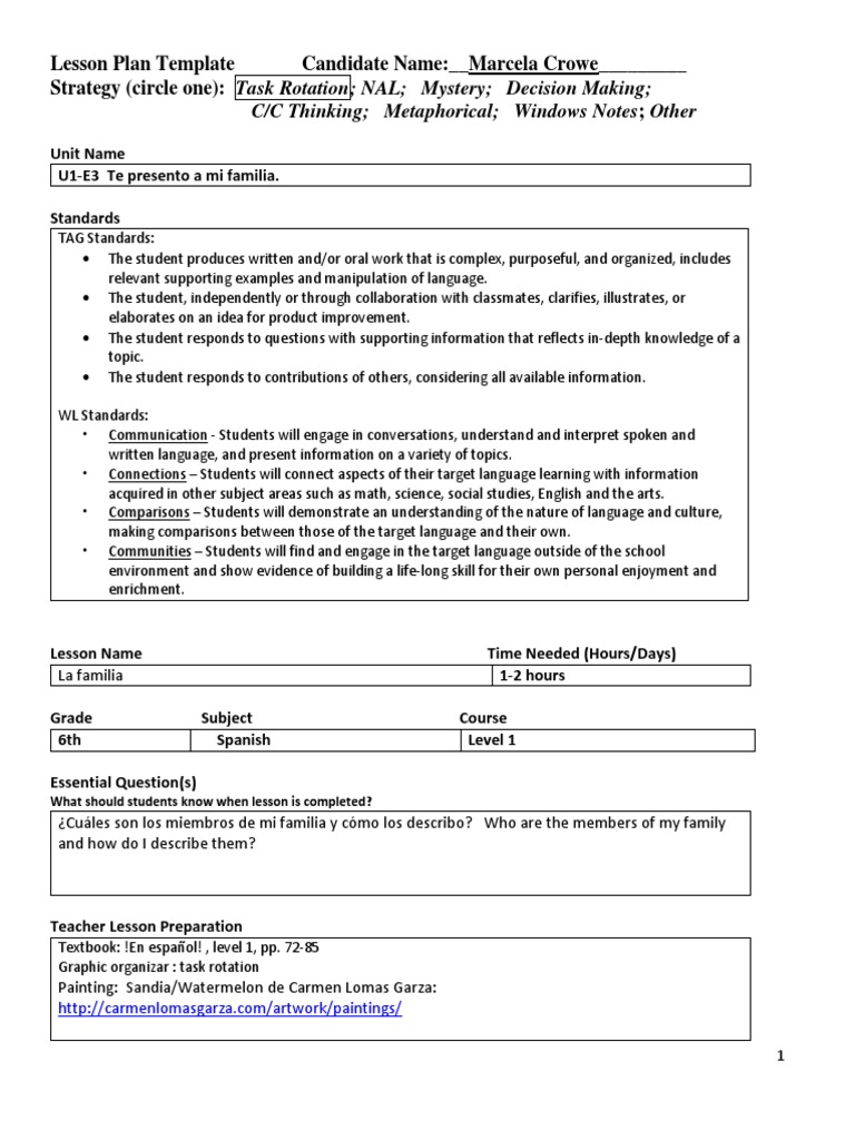 Task Rotation-Spanish6-Crowe-La Familia | PDF | Lesson Plan | Cognition