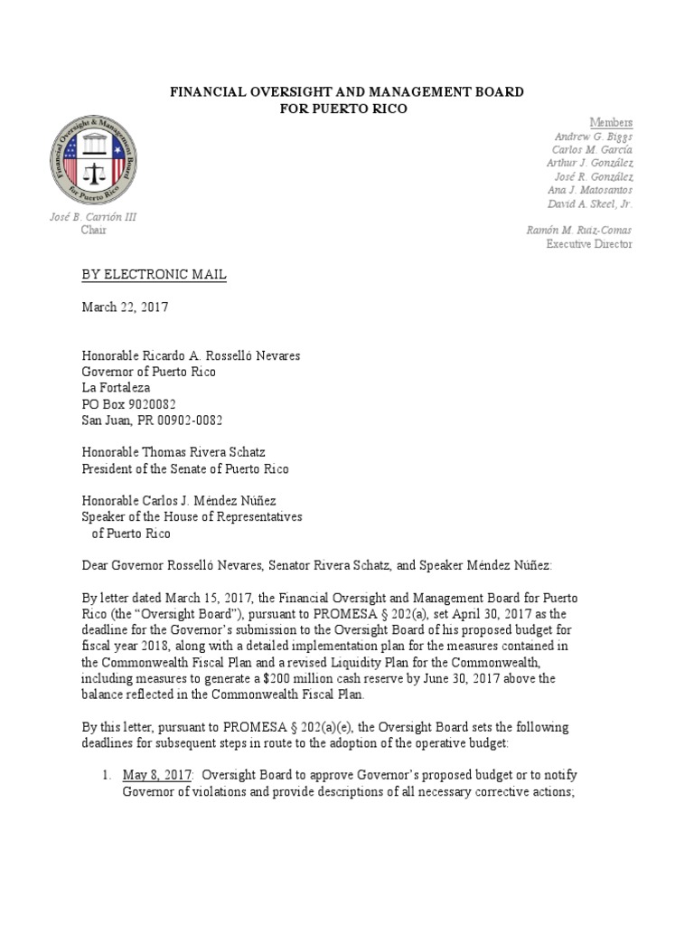 Letter To Governor Ricardo Rosselló Regarding The Government of Puerto ...