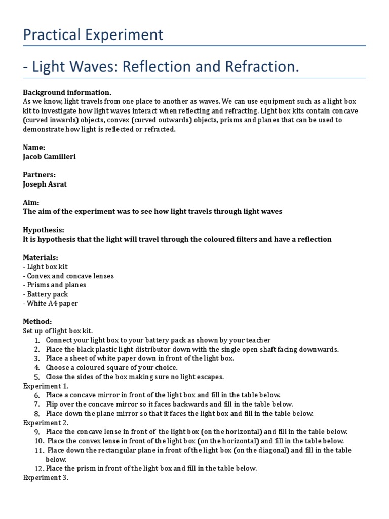 Light Reflection and Refraction Lab | PDF | Lens (Optics) | Reflection ...