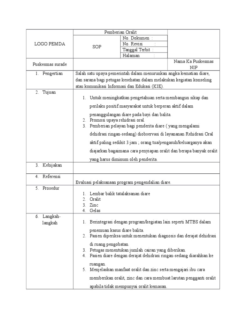 SOP Pemberian Oralit | PDF