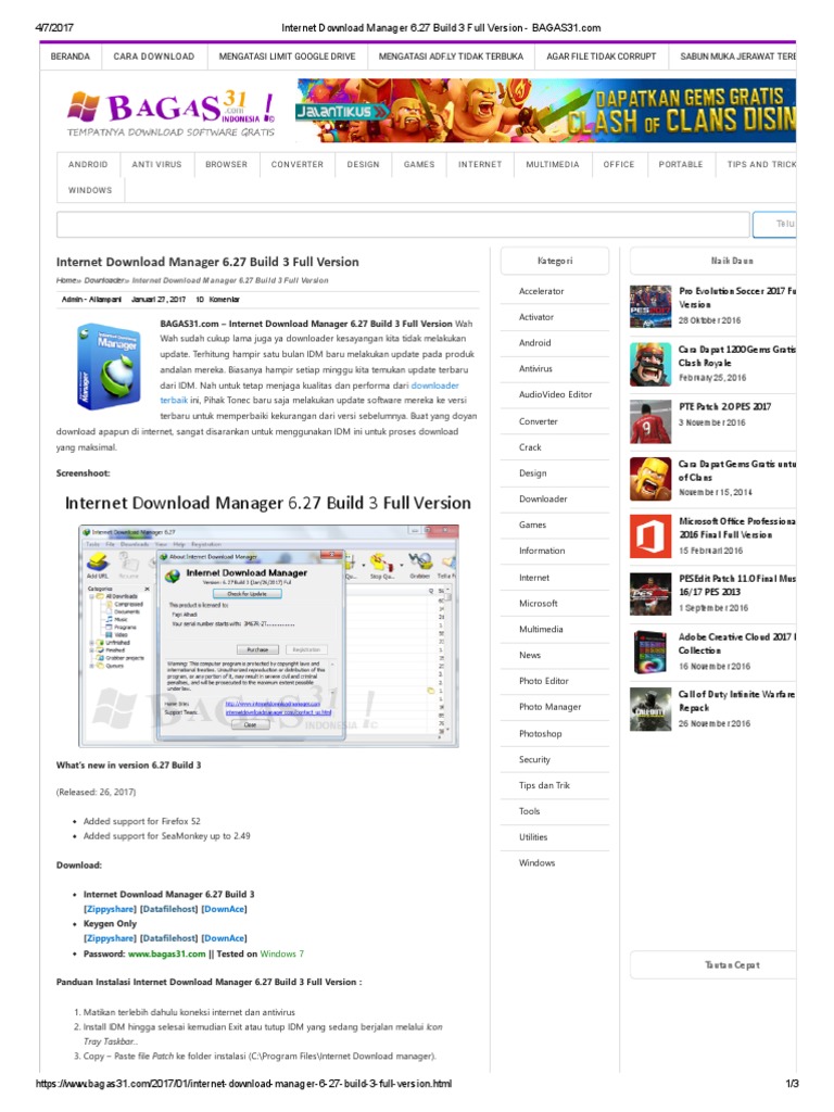 Internet Download Manager 6.27 Build 3 Full Version - BAGAS31 | PDF