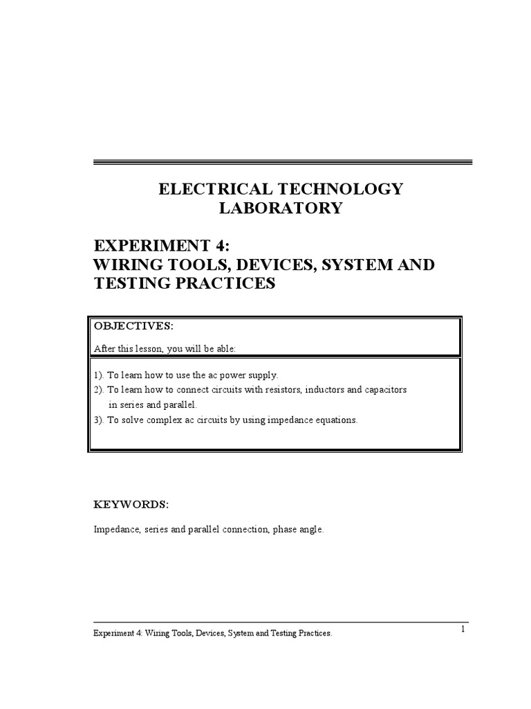 Electrical Technology Laboratory Experiment 4: Wiring Tools, Devices ...