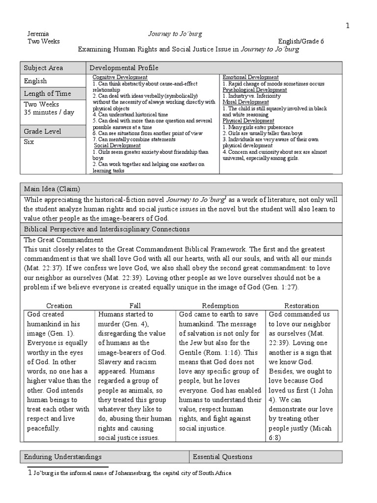 Unit Plan Journey To Joburg | PDF | Justice | Crime & Violence