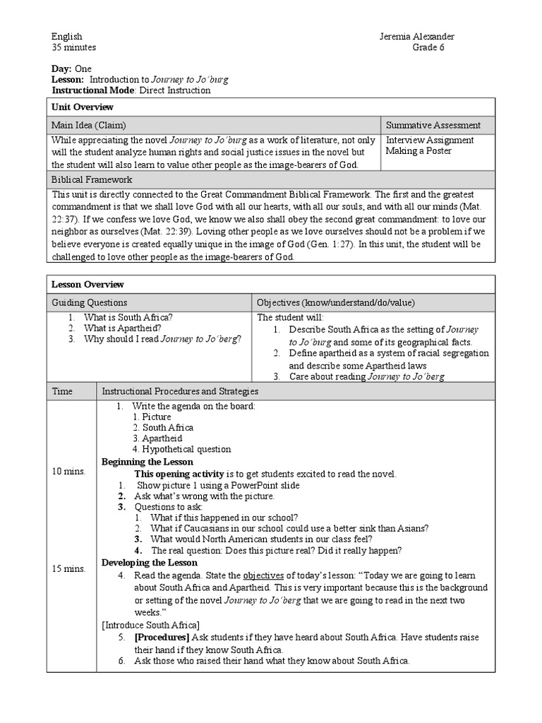 Day 1 - Introduction To Journey To Joburg | PDF | South Africa | Apartheid