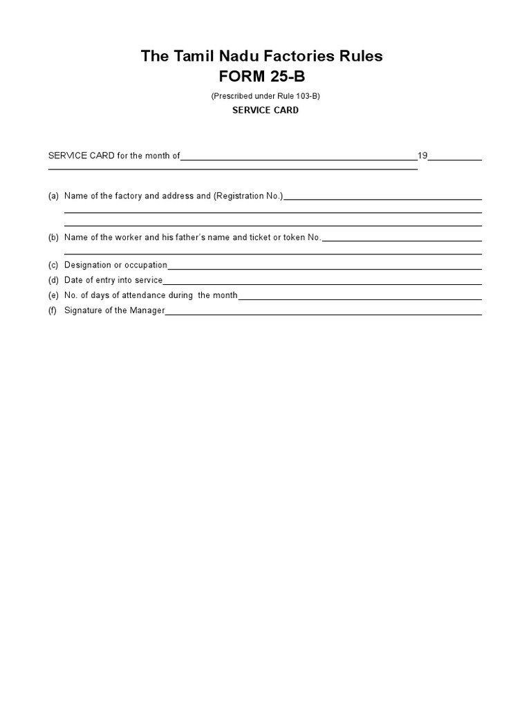 The Tamil Nadu Factories Rules FORM 25-B: Service Card | PDF