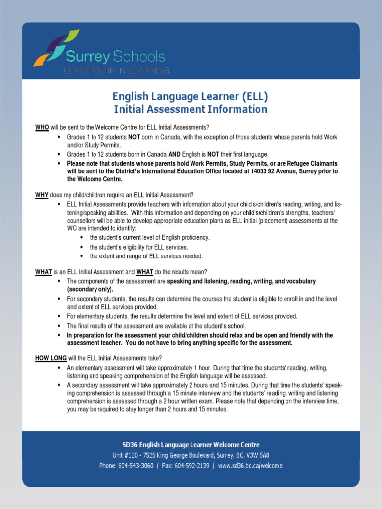 English Language Learner (ELL) Initial Assessment Information | PDF ...