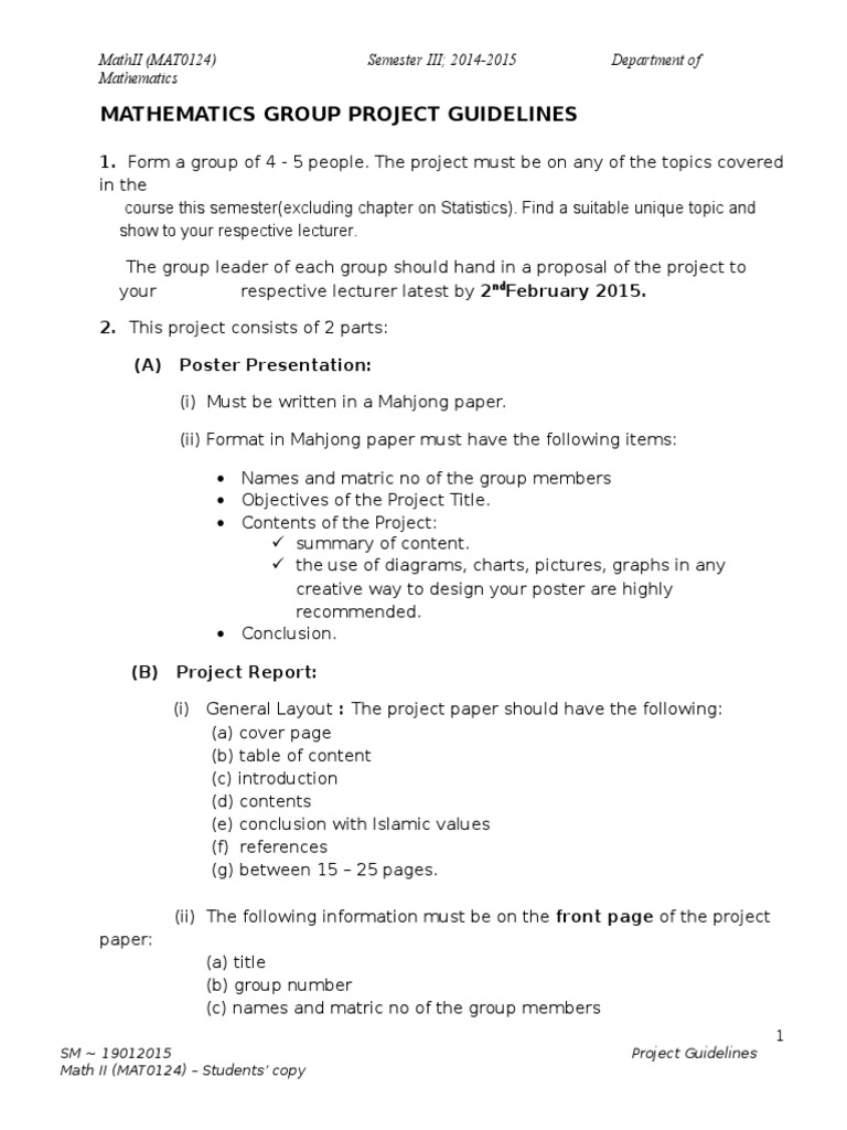 Mathematics Group Project Guidelines: 1. Form A Group of 4 - 5 People ...