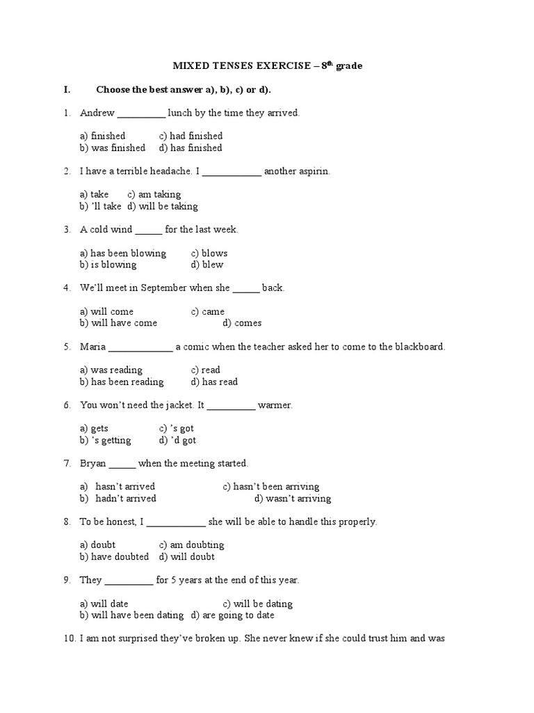 8th Grade Verb Tenses Practice | PDF | Language Mechanics | Style (Fiction)