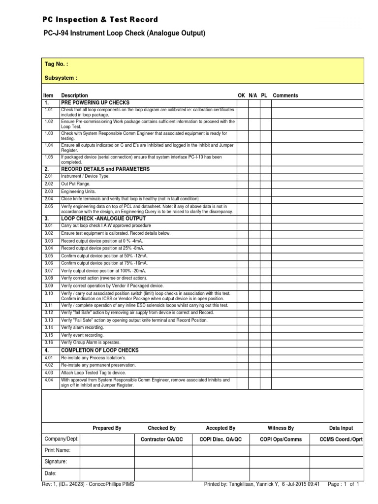 PC-J-94 Instrument Loop Check (Analogue Inputs) | PDF | Calibration ...