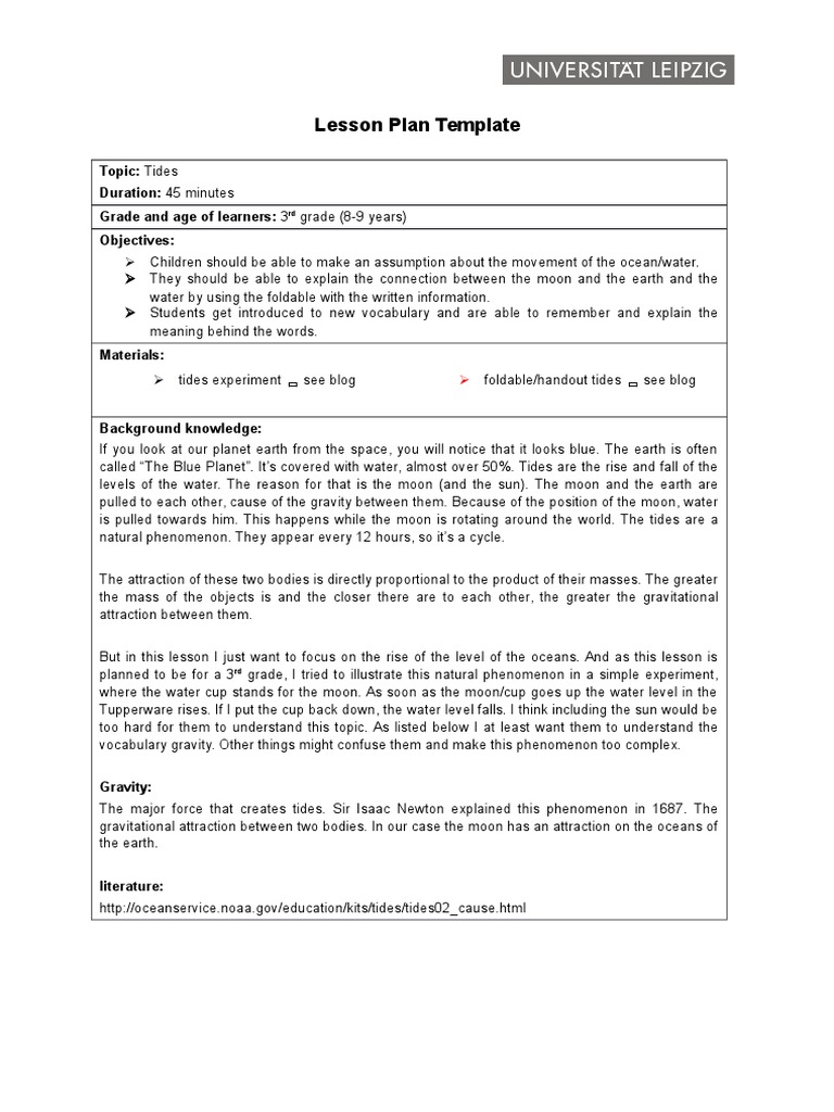 Lesson Plan Template: Topic: Tides Duration: 45 Minutes Grade and Age ...
