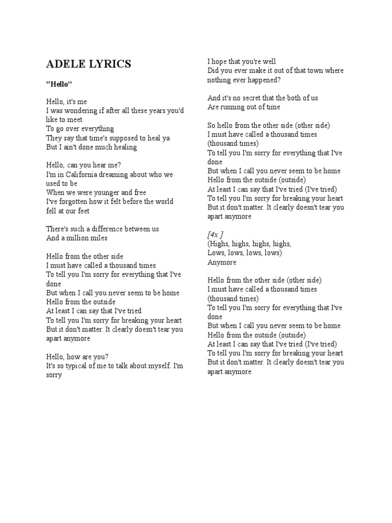 Adele Lyrics: "Hello" | PDF | Leisure