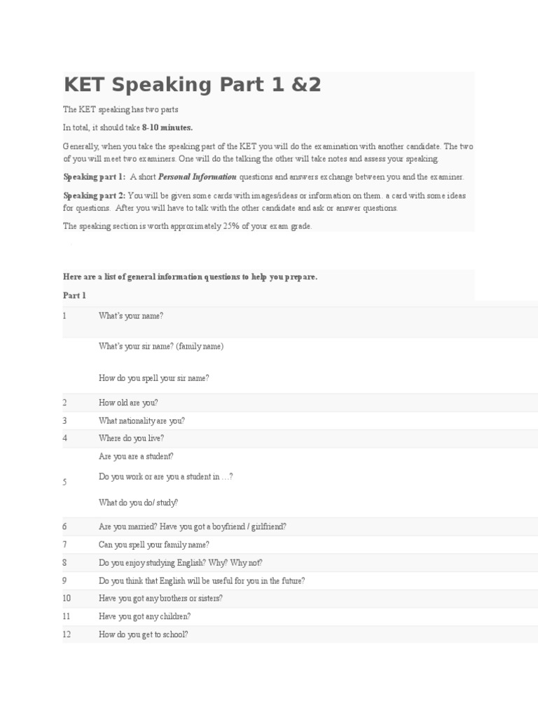 KET Speaking Part 1 | PDF
