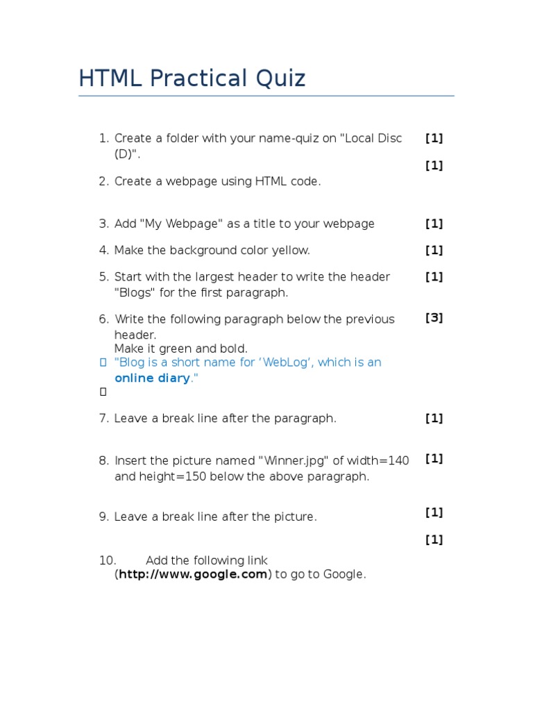 HTML Practical Quiz: "Blog Is A Short Name For Weblog', Which Is An | PDF