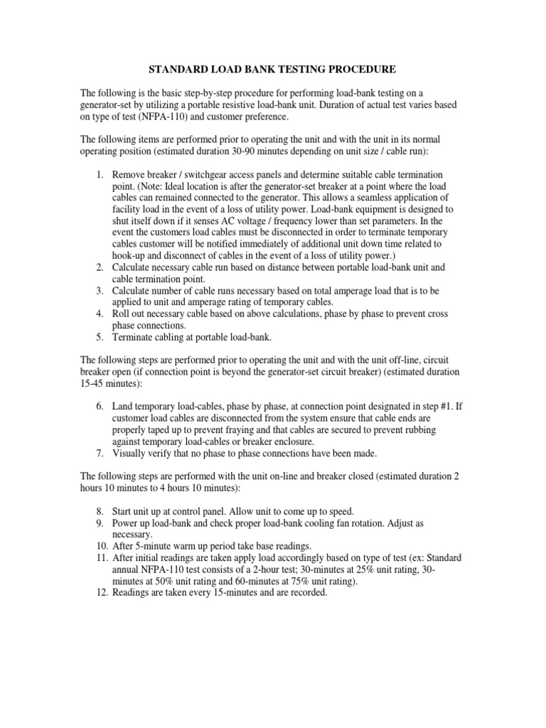 Standard Load Bank Testing Procedure | PDF | Electrical Equipment ...
