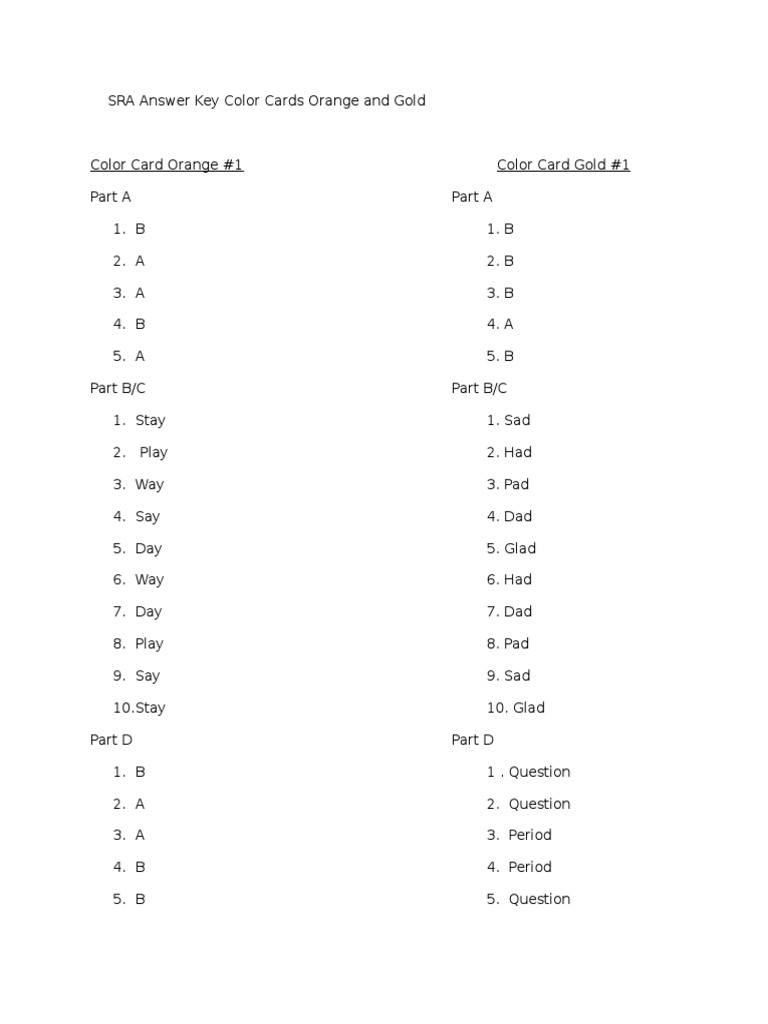 Sra Answer Key Color Cards Orange and Gold | Leisure