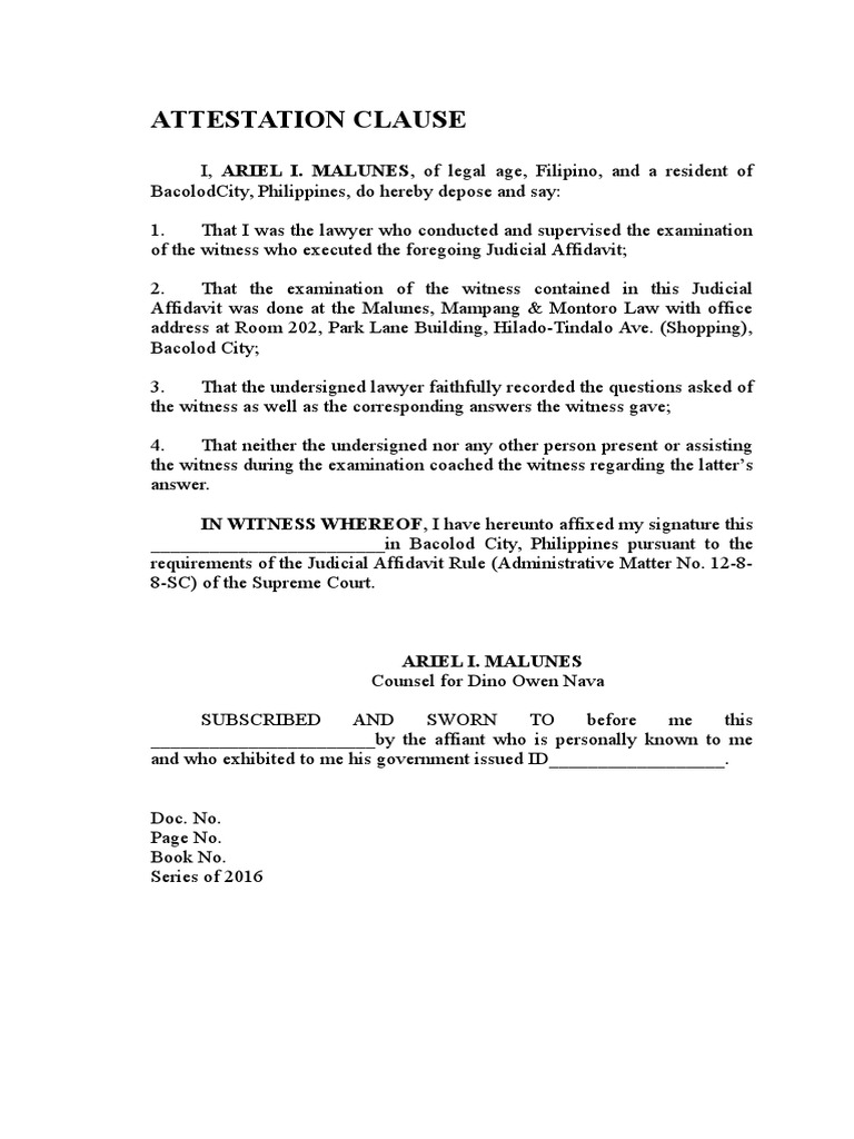 Attestation Clause: IN WITNESS WHEREOF, I Have Hereunto Affixed My ...
