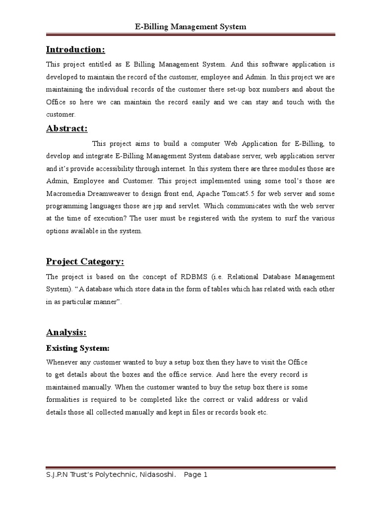 E-Bill Management System (Synopsis) | PDF | Java Server Pages | Databases