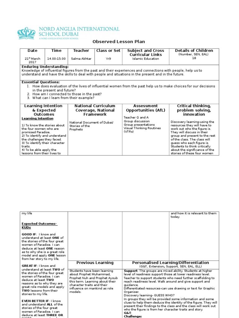 Observed Lesson Plan: Enduring Understanding | PDF | Curriculum ...