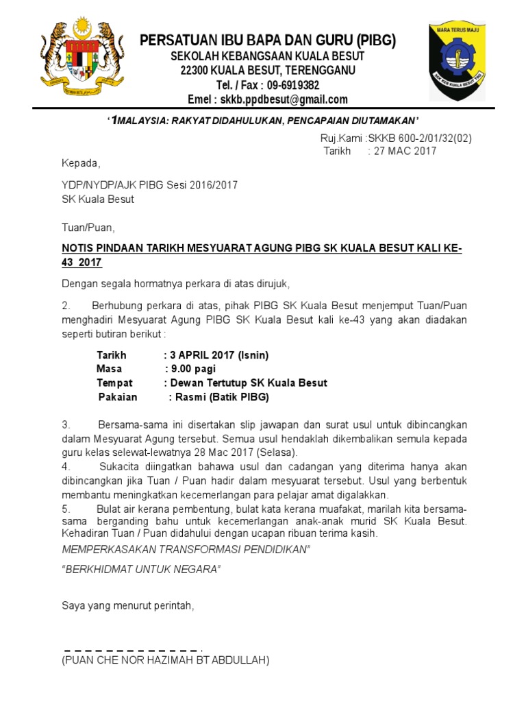 Surat Pindaan Tarikh Panggilan Mesyuarat Agong Pibg 2017 Ajk Pibg