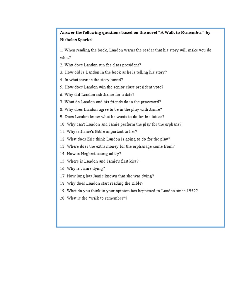 Questions on "A Walk to Remember" | PDF | General Fiction