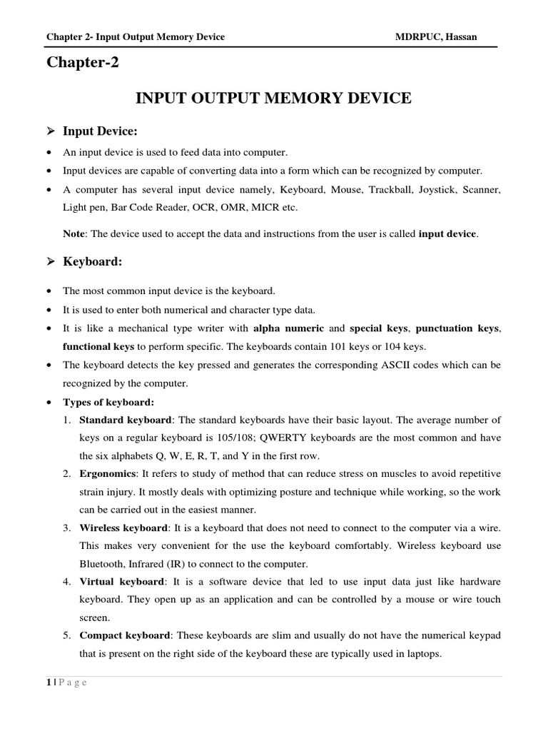 Chapter 2 - Input Output Memory Device | PDF | Printer (Computing) | Random Access Memory