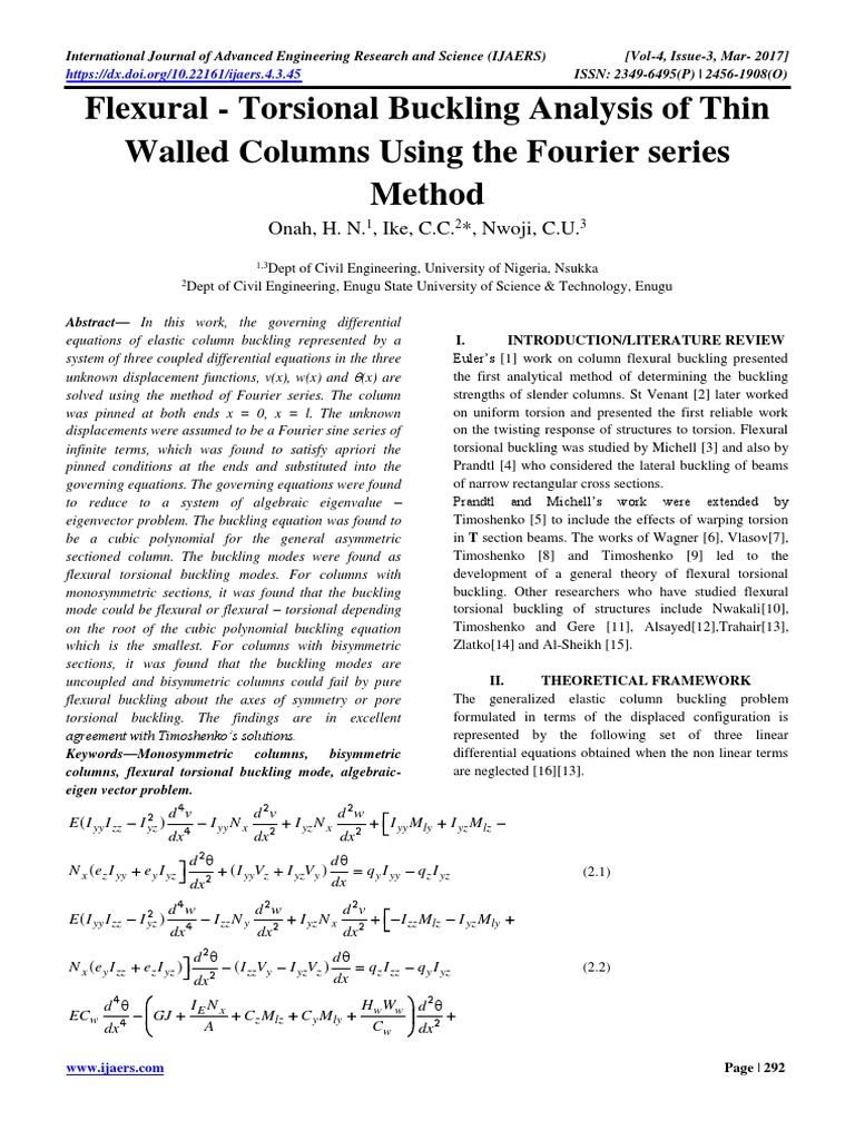 Flexural - Torsional Buckling Analysis of Thin Walled Columns Using The Fourier Series Method ...