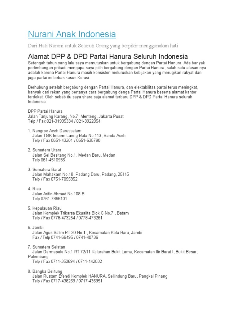 Alamat DPD HANURA Se Indonesia | PDF