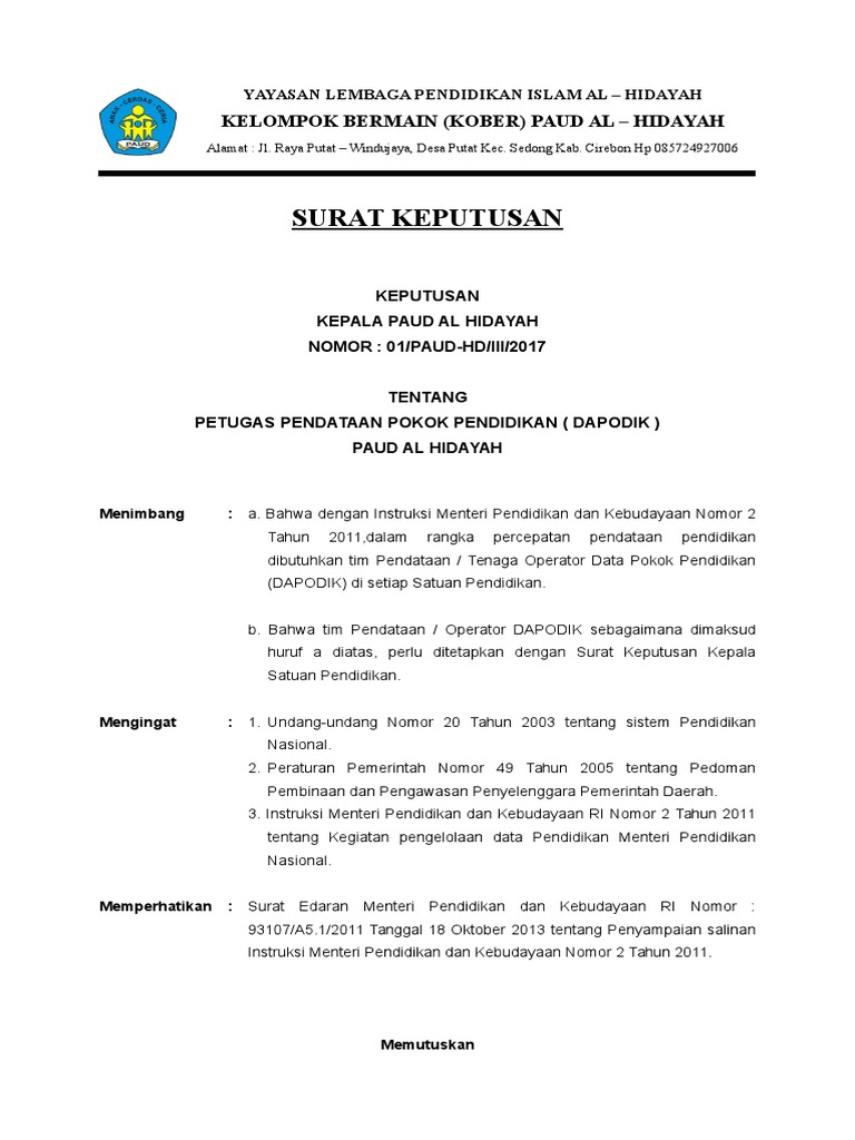 SK Operator Paud | PDF