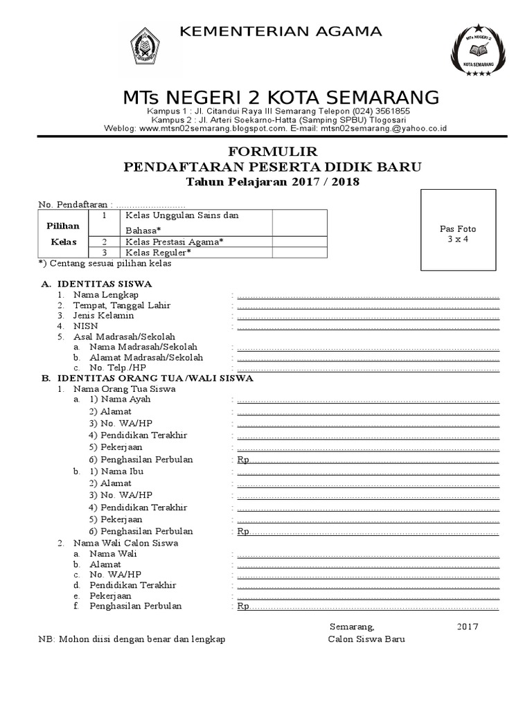 Formulir Pendaftaran MTs Negeri 2 Kota Semarang | PDF
