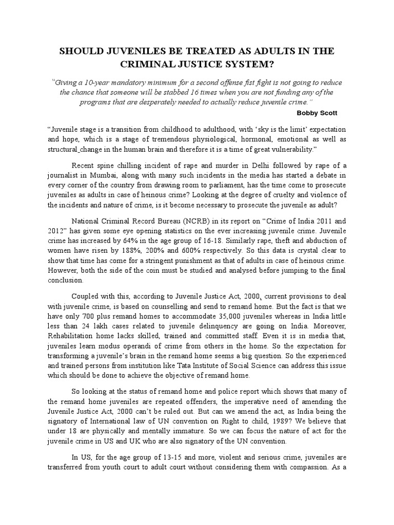 Should Juveniles Be Treated As Adults In The Criminal Justice System