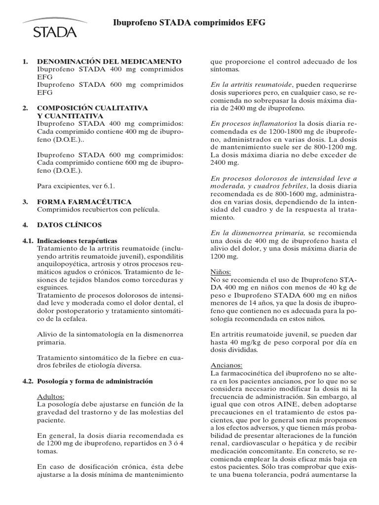 Ficha Tecnica Ibuprofeno STADA EFG | PDF | Droga anti-inflamatoria libre de esteroides ...