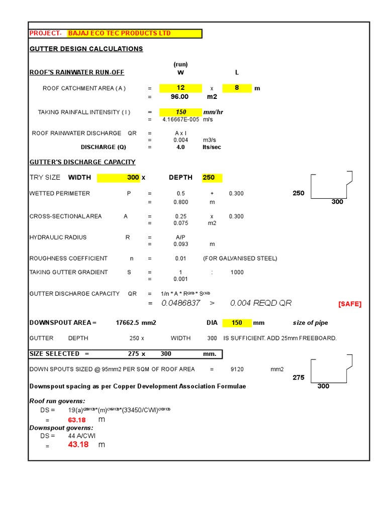 Gutter Design Calculations: Try Size Width | PDF | Hydraulic Engineering | Water
