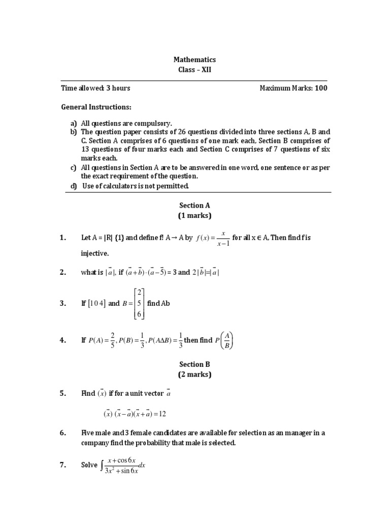 Class 12 Mathematics Exam Paper: Comprehensive Questions Assessing ...