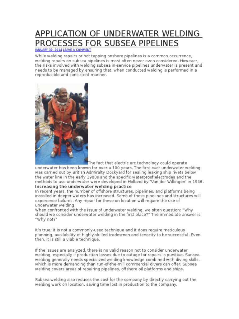 Application of Underwater Welding Processes For Subsea Pipelines | PDF ...